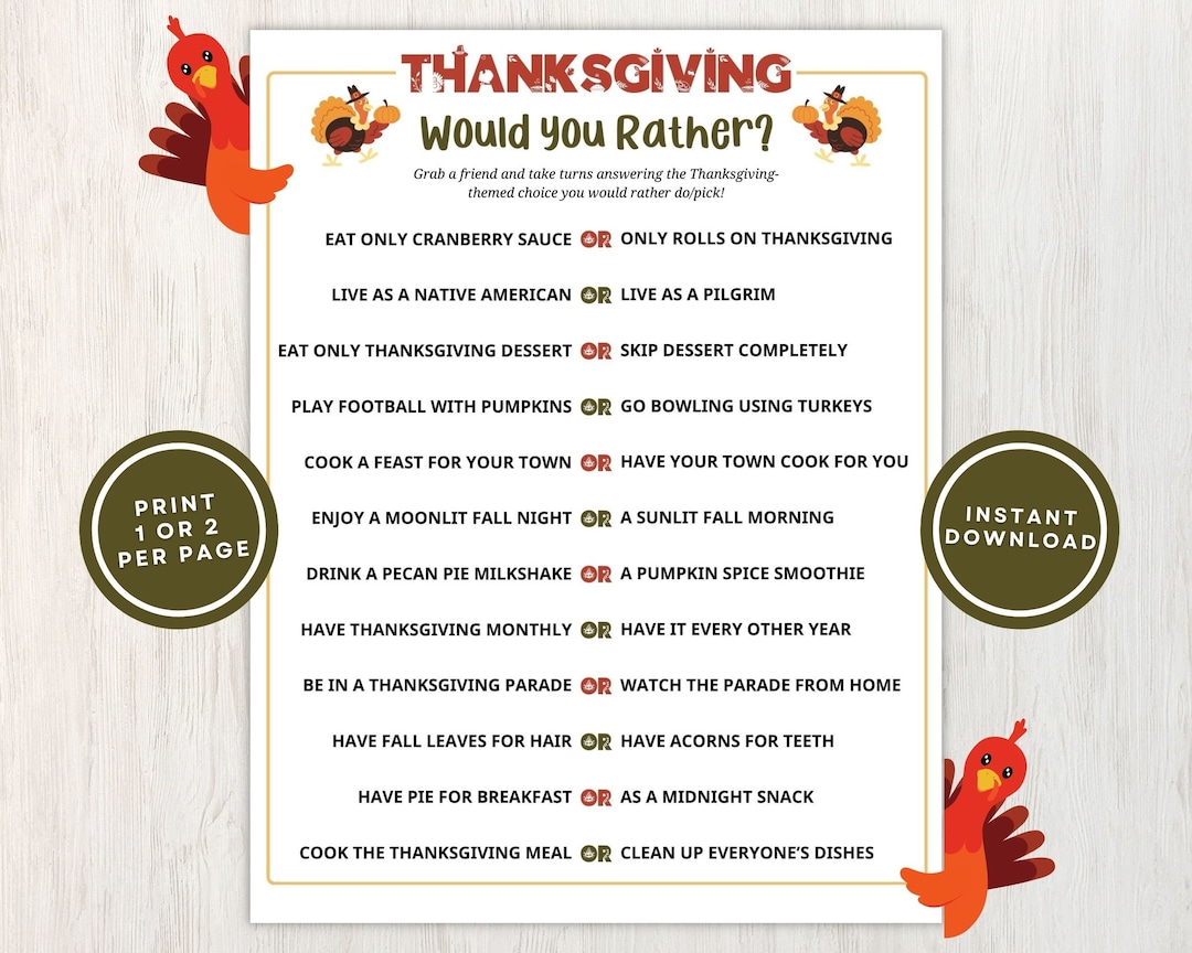 Printable Thanksgiving Would You Rather Game for Kids and Adults, Would ...