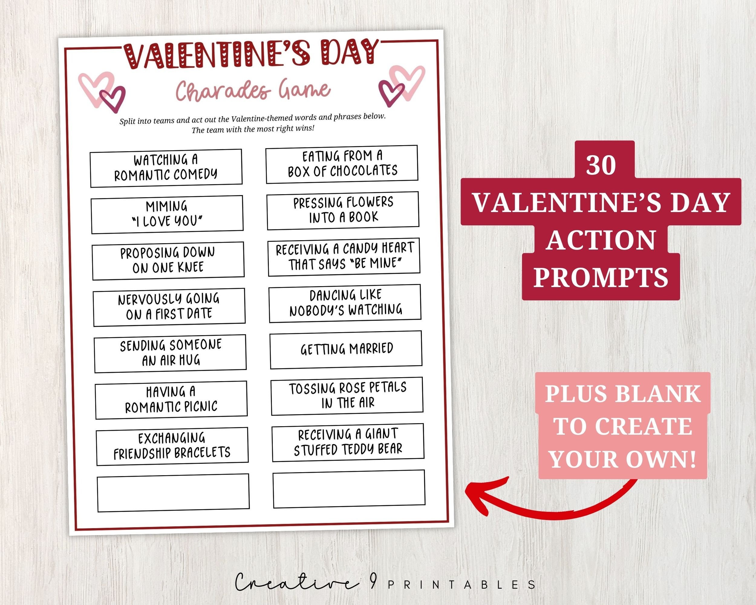 Valentine Charades Printable Game for Kids, 30 Prompts With Valentine ...