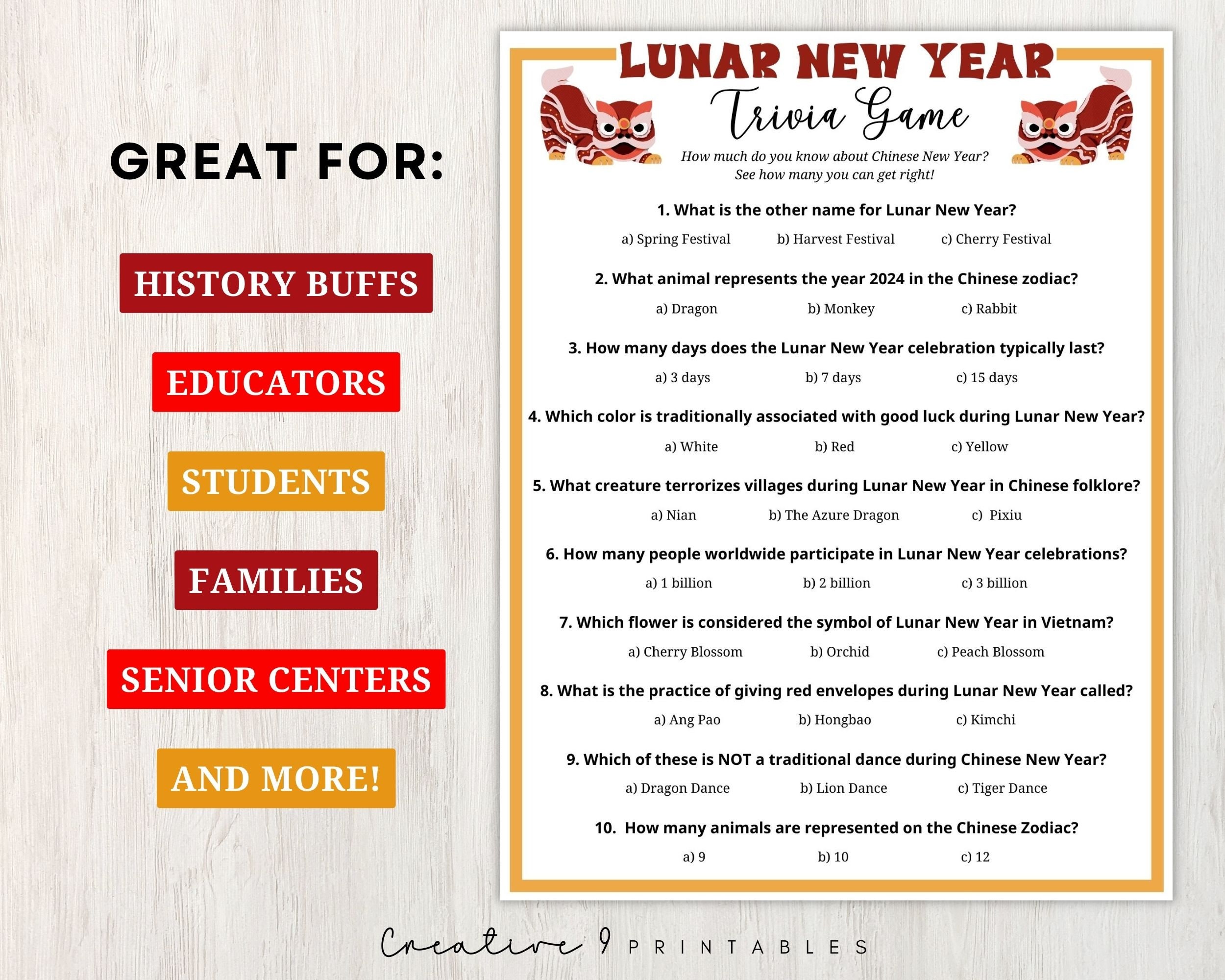 Lunar New Year Trivia 2025, Printable Party Game About Chinese New Year ...
