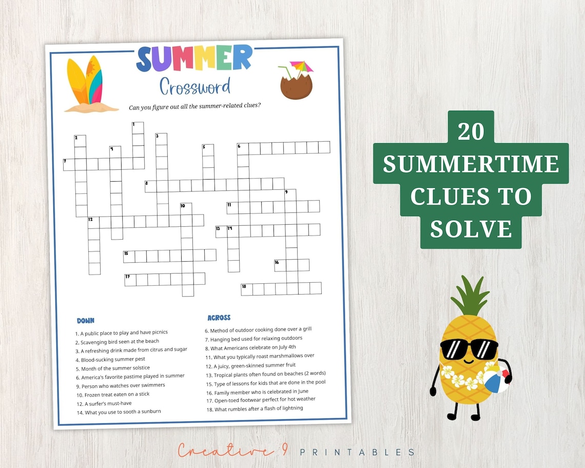 Summer Crossword Puzzle for Kids and Adults, Fun Printable Summertime ...