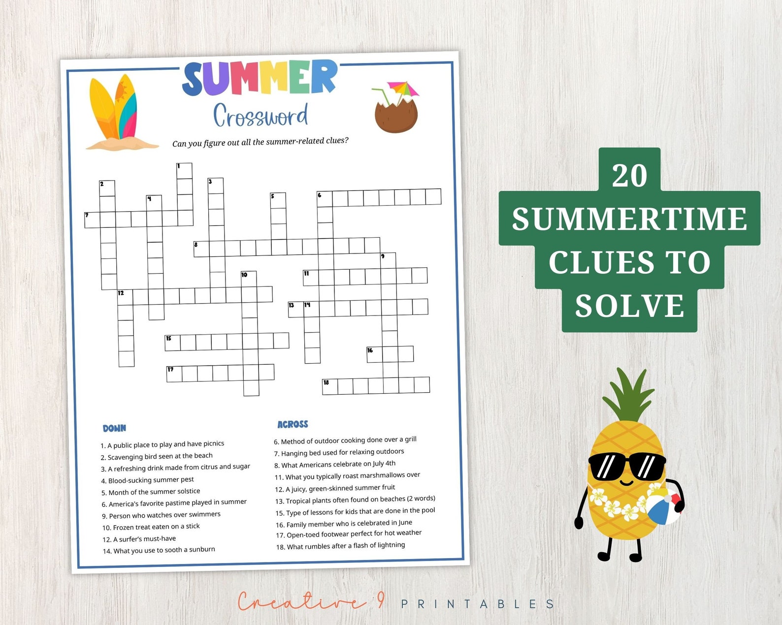 Summer Crossword Puzzle for Kids and Adults, Fun Printable Summertime ...