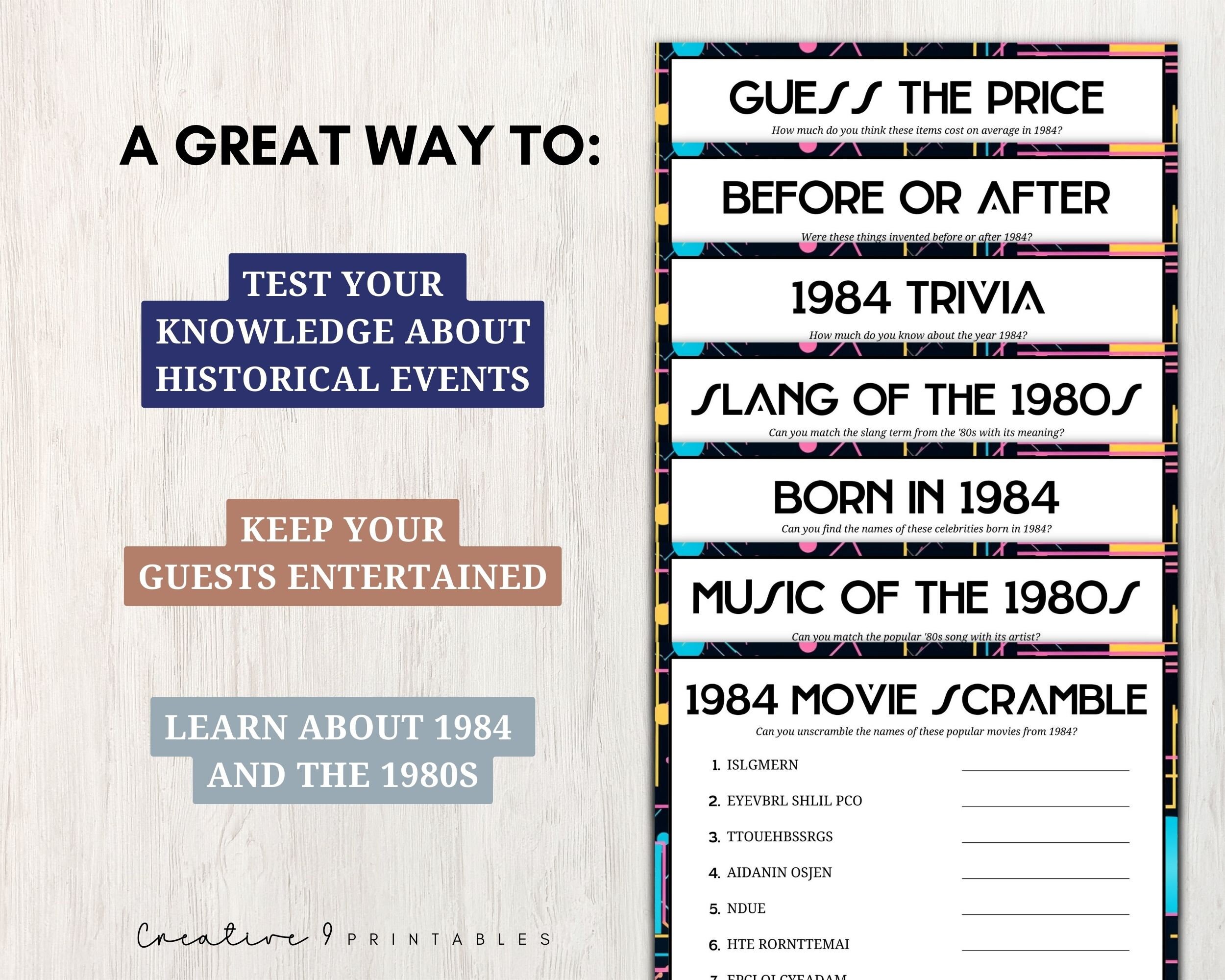 1984 Trivia Game Bundle for Adults, Seven Fun Printable 41st Party ...
