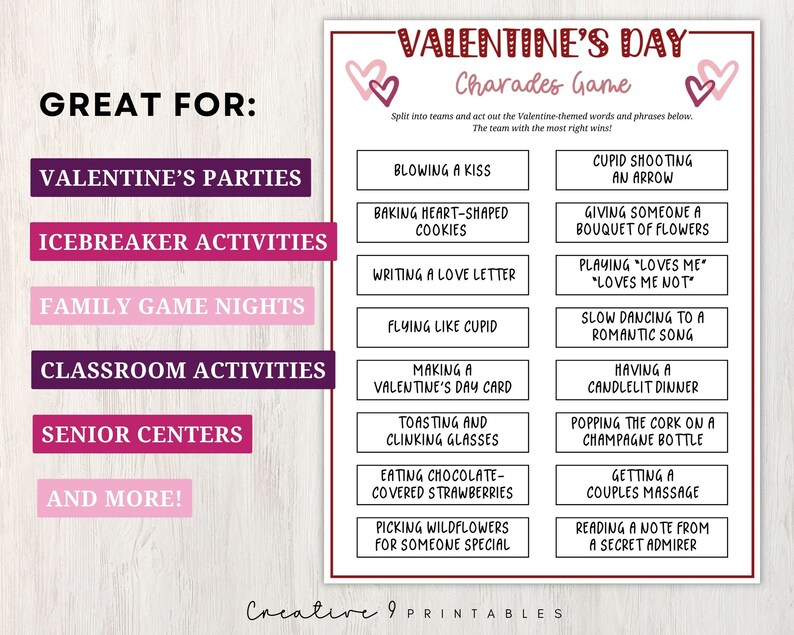 Valentine Charades Printable Game for Kids, 30 Prompts With Valentine ...