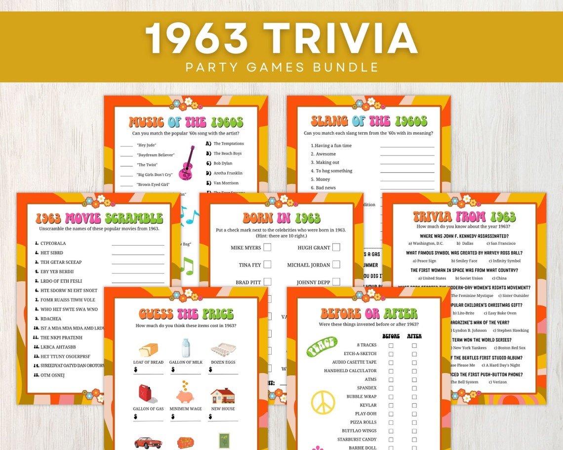 1963 Trivia Game Bundle, Born in 1963 Party Games for Birthday or ...