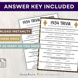 1934 Trivia With Answers, Printable 91st Birthday Game, 10 Fun Quiz ...