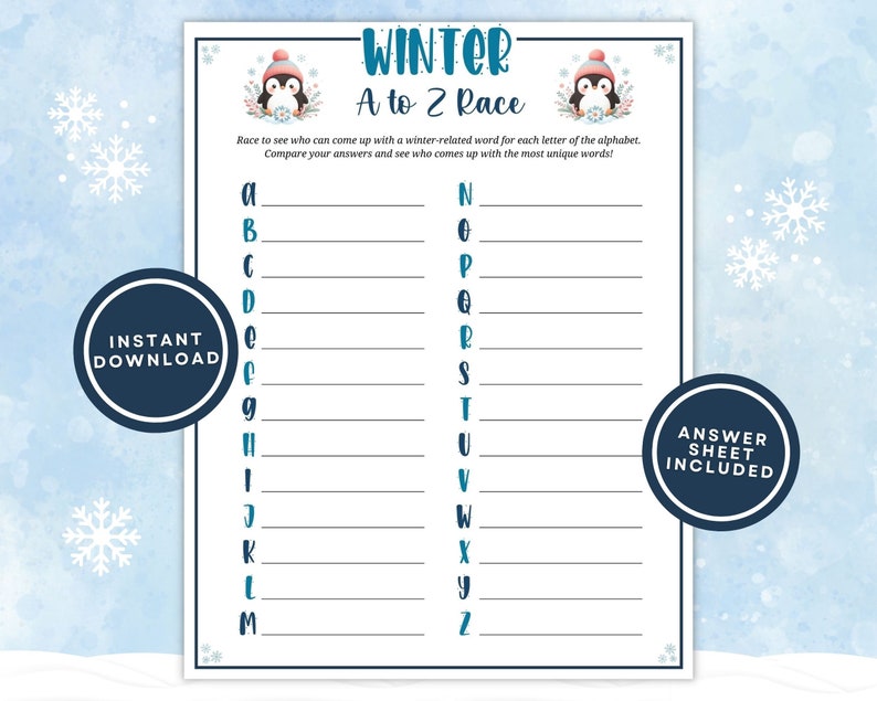 Printable Winter A to Z Game for Kids and Adults, Fun Winter A-Z Word ...