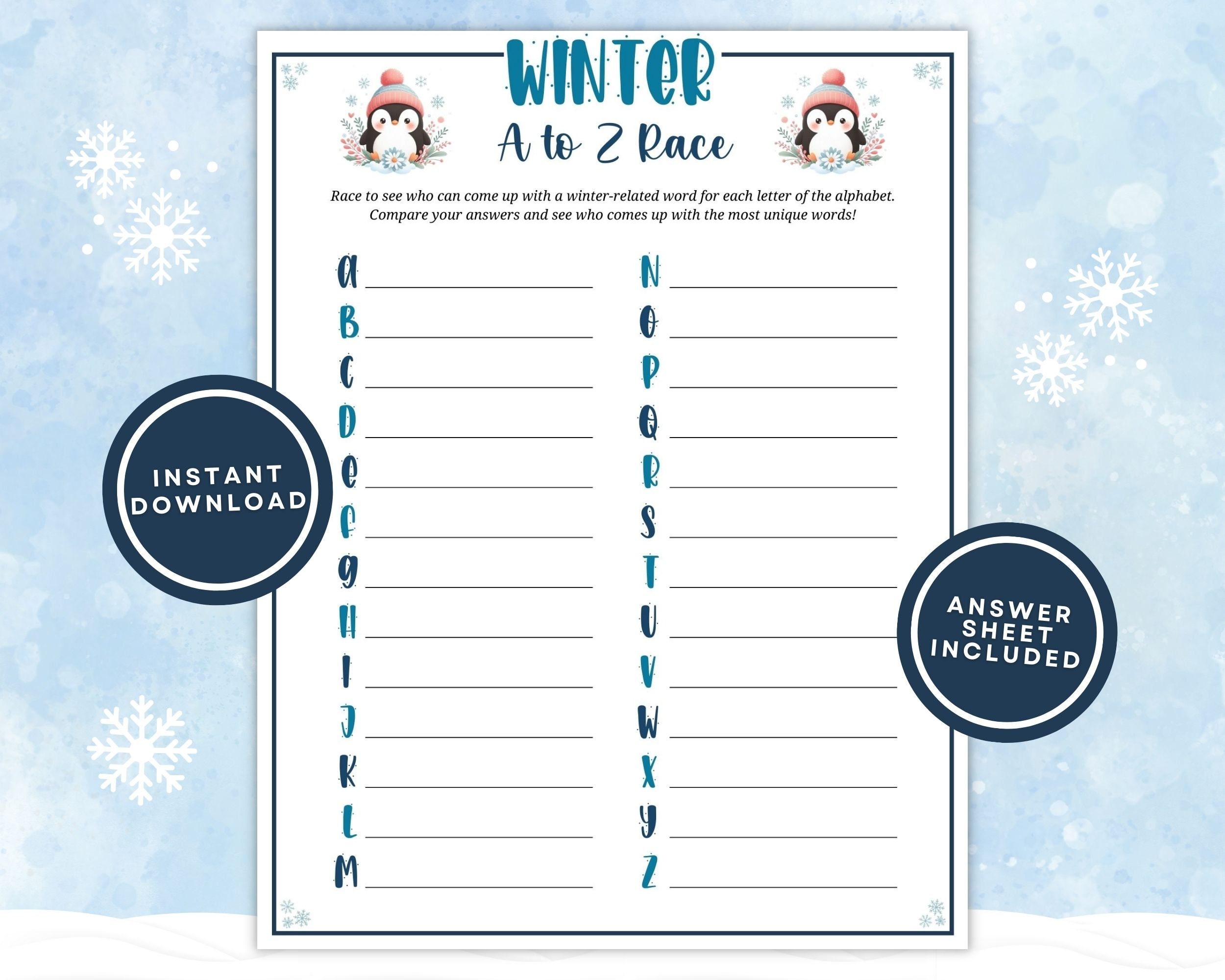Printable Winter A to Z Game for Kids and Adults, Fun Winter A-Z Word ...