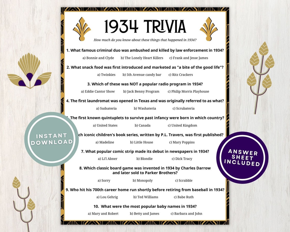 1934 Trivia With Answers, Printable 91st Birthday Game, 10 Fun Quiz ...