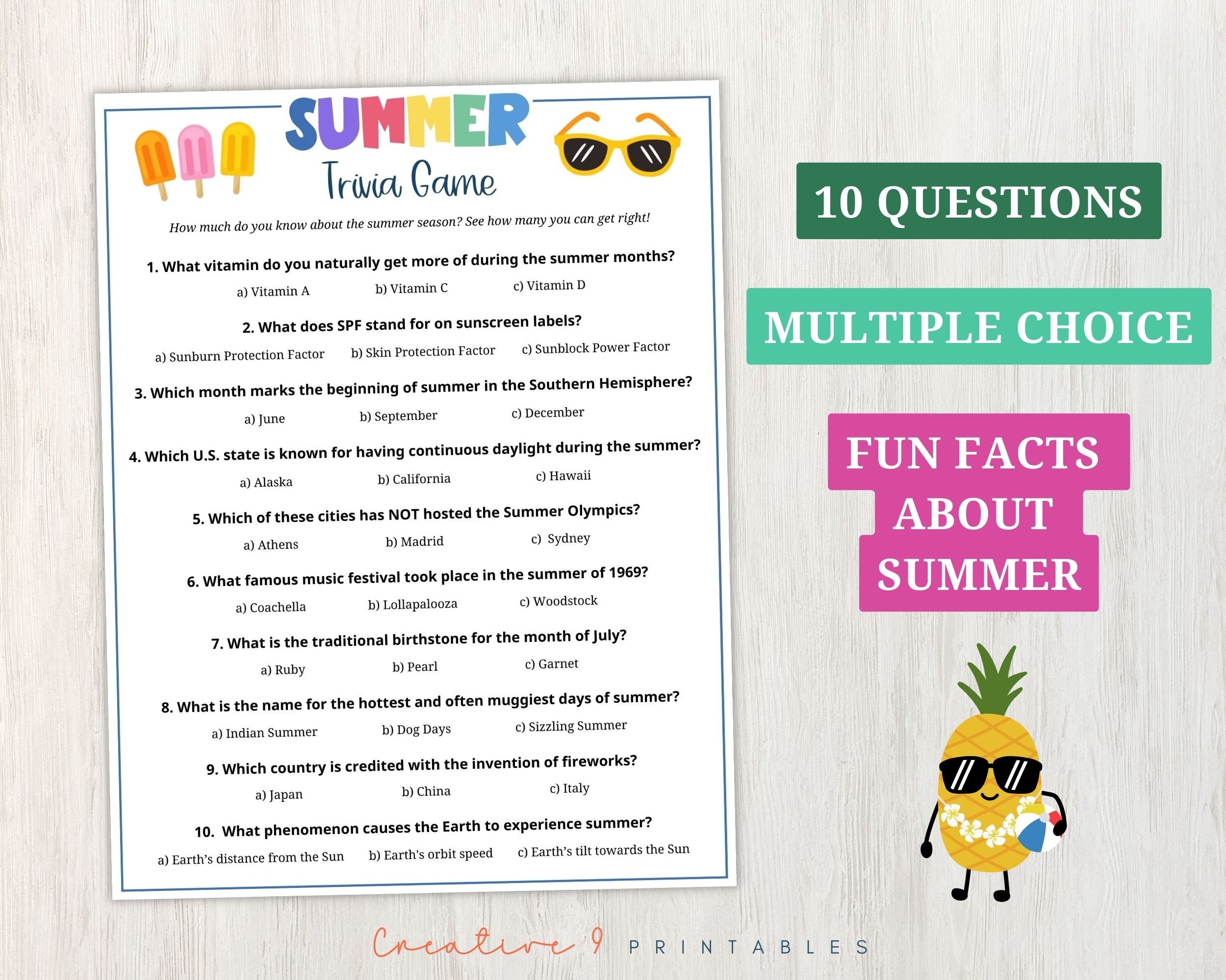 Summer Trivia Printable Game for Kids and Adults, 10 Summertime ...