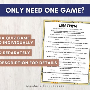 1954 Trivia Game Bundle for Adults, 71st Birthday Party Games With ...
