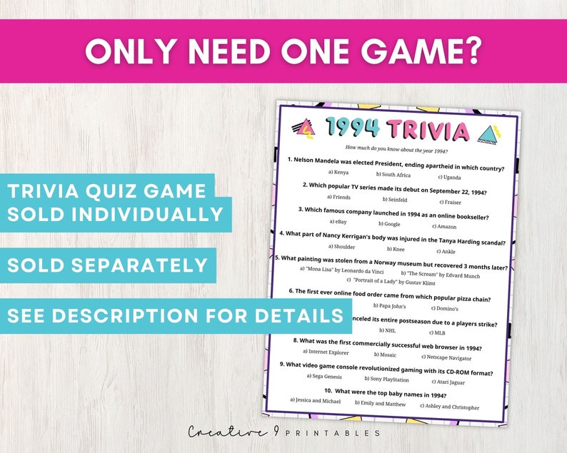 1994 Trivia Bundle for Adults, 7 Fun Printable 31st Birthday Party ...