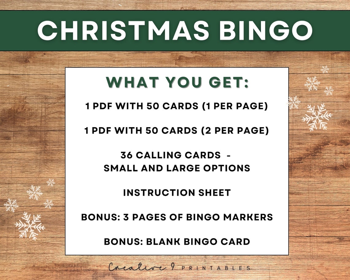 Printable Christmas Bingo Game for Kids and Adults, 50 Printable ...