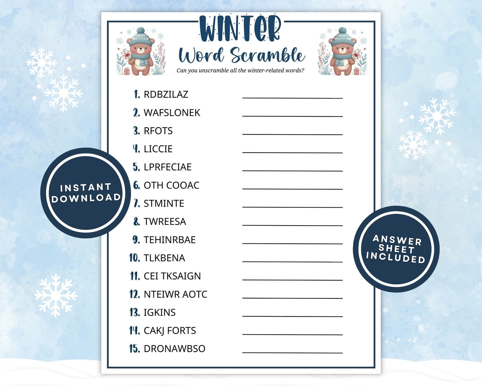 Printable Winter Word Scramble Game for Kids and Adults With Answers ...