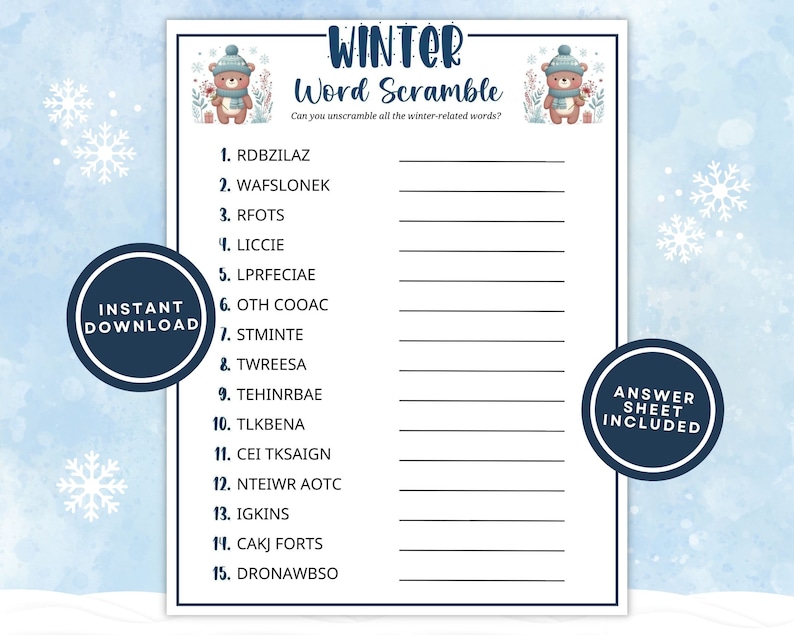 Printable Winter Word Scramble Game for Kids and Adults With Answers ...