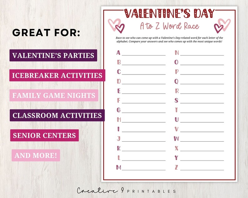 Printable Valentine's Day A to Z Game for Kids and Adults, Valentine A ...