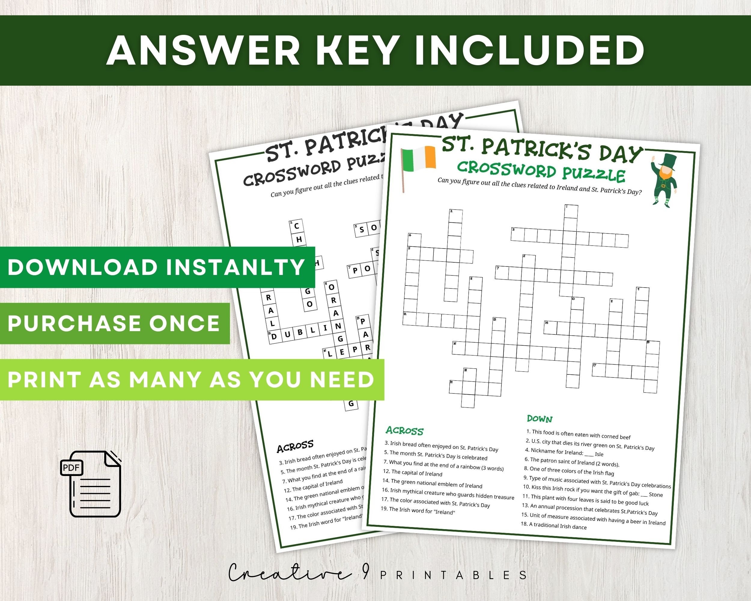 St. Patrick's Day Crossword Game With Answers, Printable Crossword ...