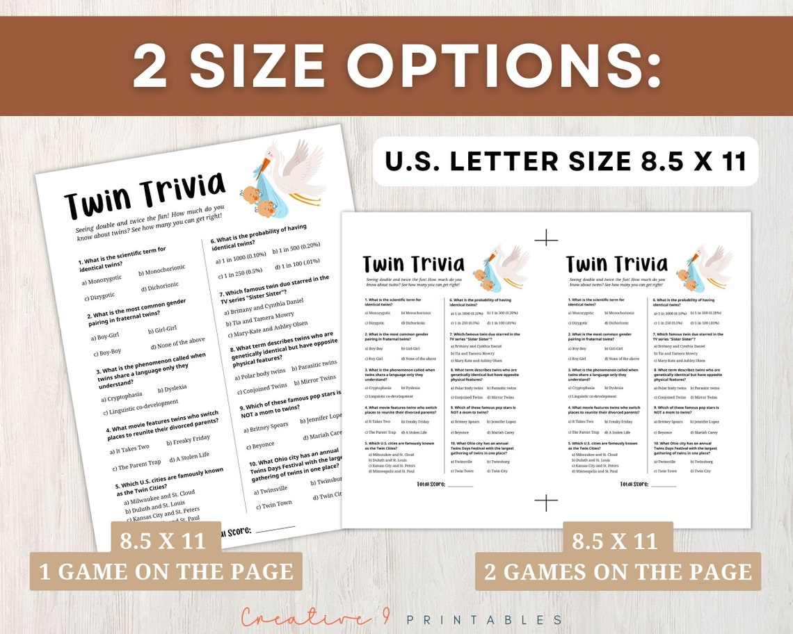 Twin Trivia Baby Shower Printable Game for Adults and Kids, 10 Fun ...
