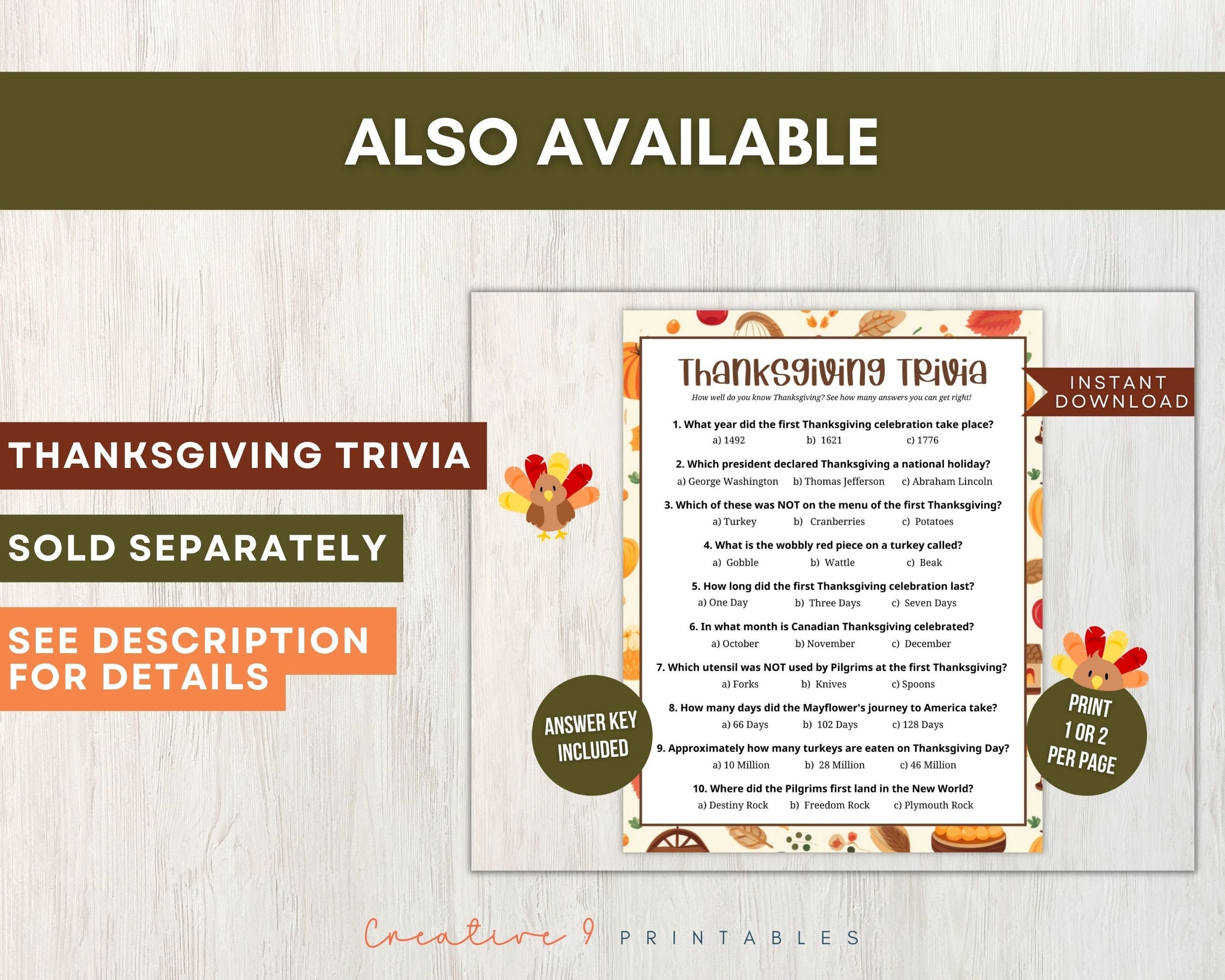 Printable Turkey Trivia Game for Kids and Adults, 10 Thanksgiving ...
