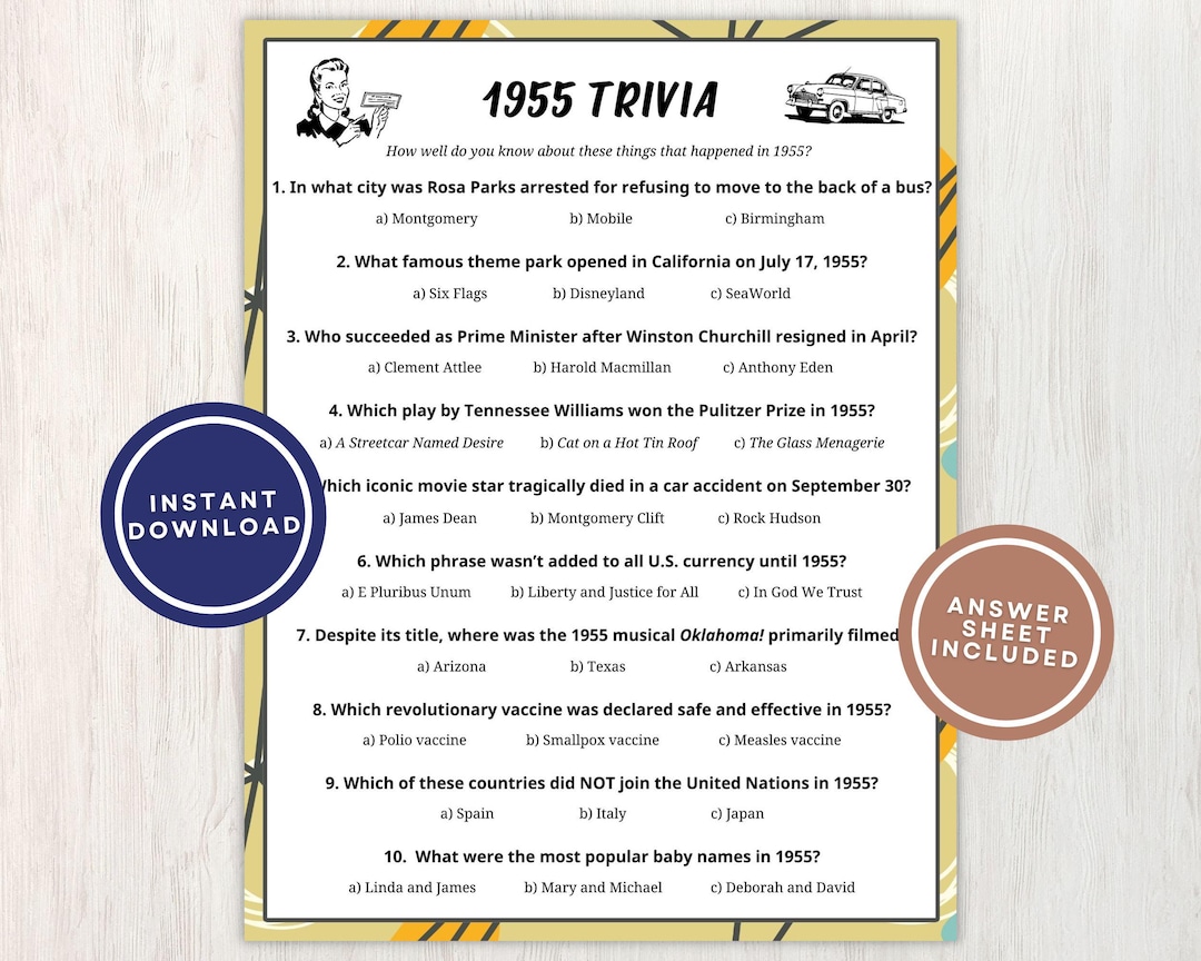 1955 Trivia With Answers, Printable 69th Birthday Game, 10 Fun Quiz ...