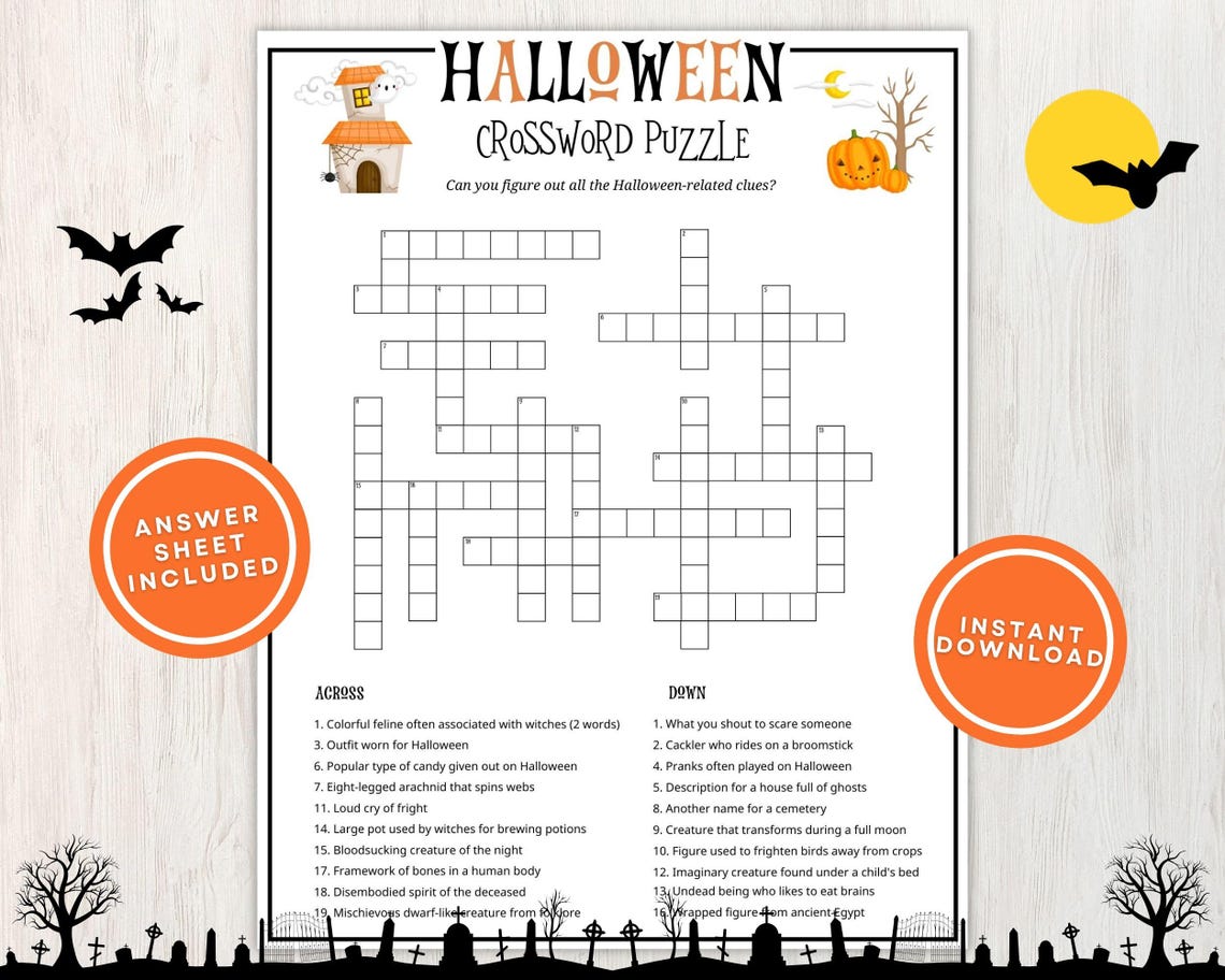 Halloween Crossword Puzzle for Kids and Adults, Fun Printable Halloween ...
