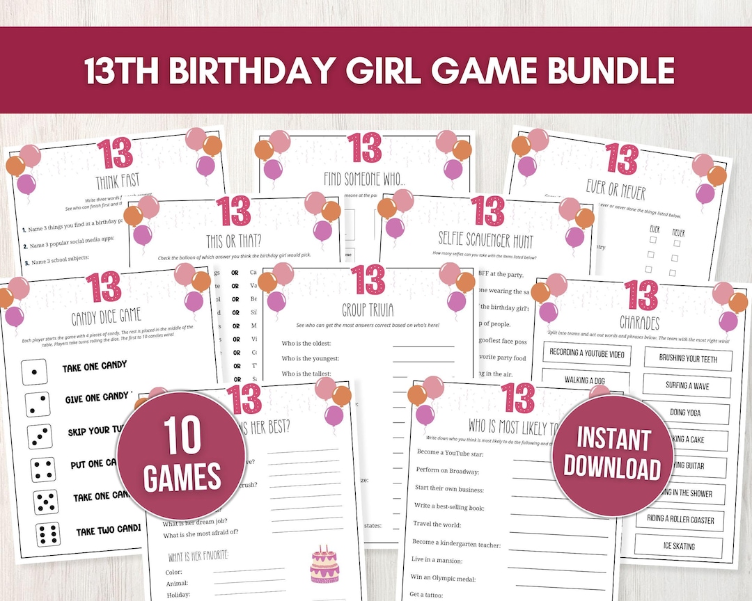 13th Birthday Girl Game Bundle, 10 Printable Party Games and Bonus for ...