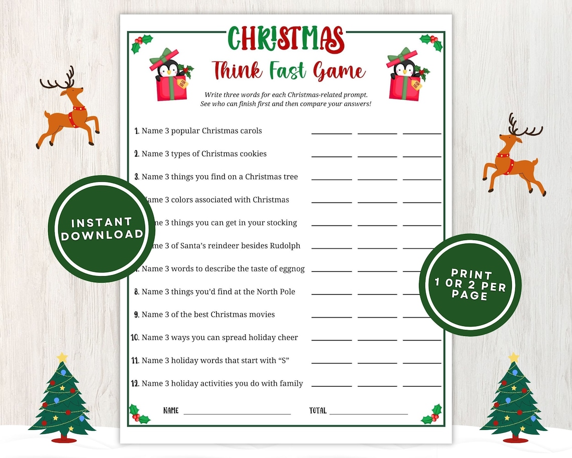 Printable Think Fast Christmas Game for Kids and Adults, Family ...