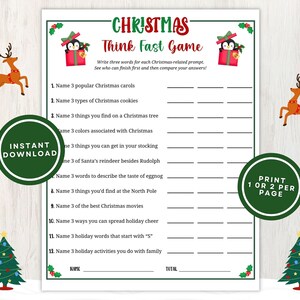 Printable Think Fast Christmas Game for Kids and Adults, Family ...