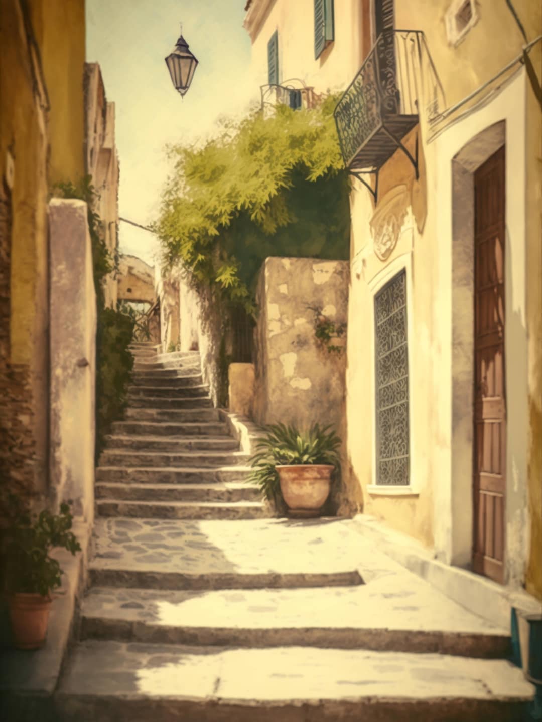 Athens Plaka Stairs, Vintage Oil Painting, Digital Print - Etsy