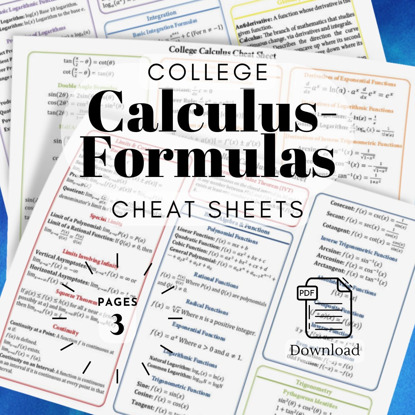 College Calculus Cheat Sheet - Formulas & Equations Reference PDF - Etsy