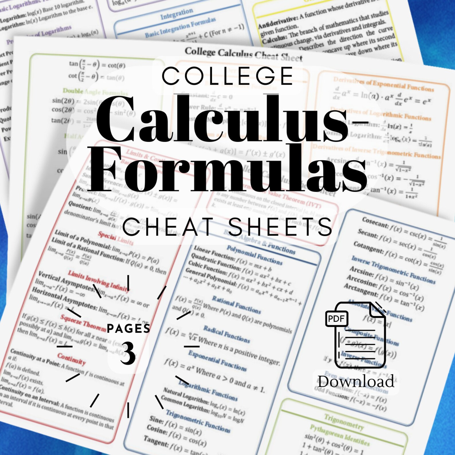College Calculus Formulas Cheat Sheet Calculus Formula List Algebra ...