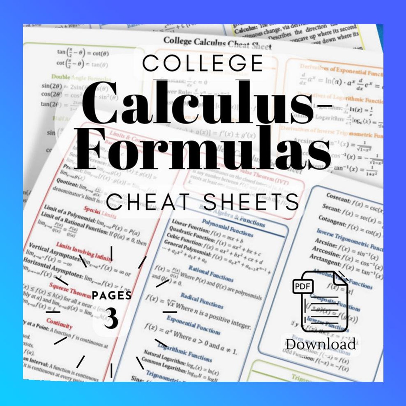 College Calculus Formulas Cheat Sheet - College Math Guide PDF - Etsy