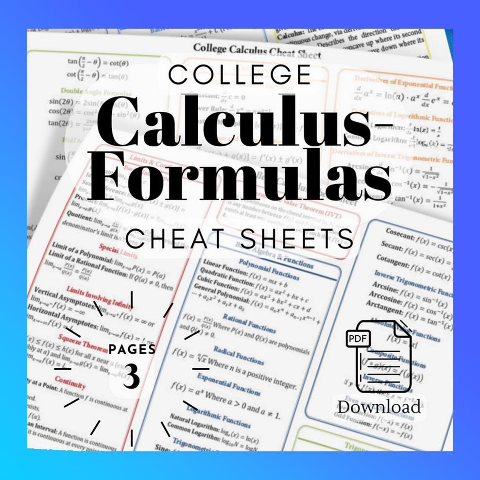 College Calculus Formulas Cheat Sheet - College Math Guide PDF - Etsy