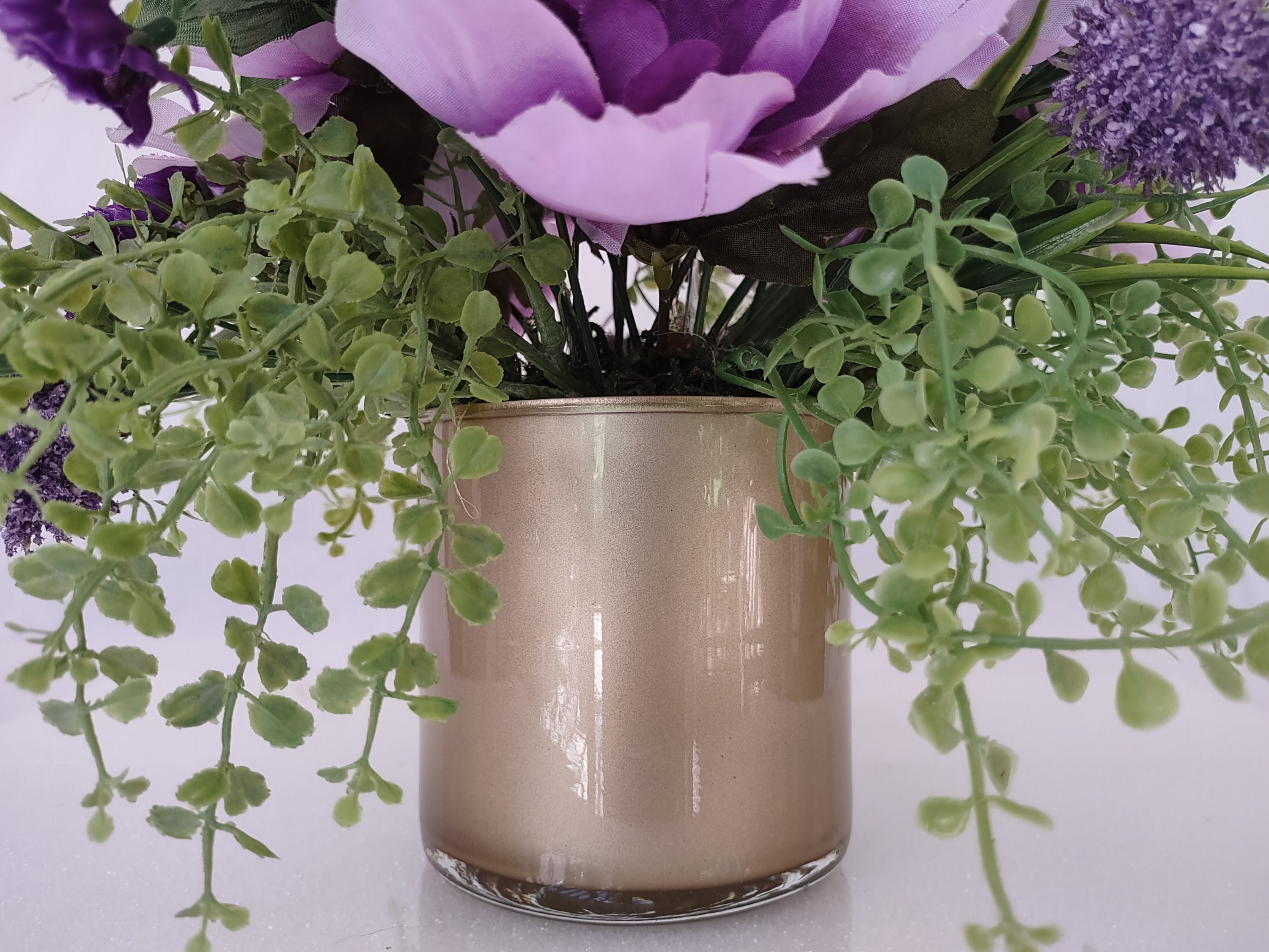 Centerpiece With Faux Purple Peonies, Statice, and Allium Balls in ...