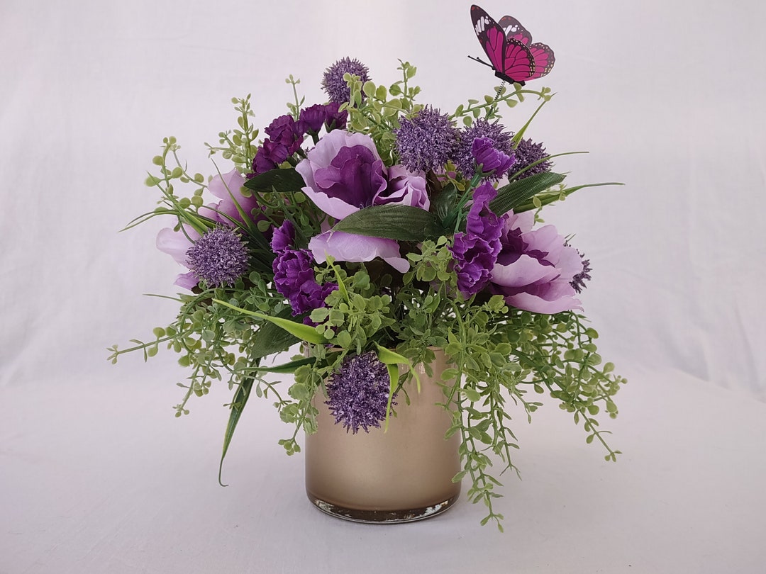 Centerpiece With Faux Purple Peonies, Statice, and Allium Balls in ...