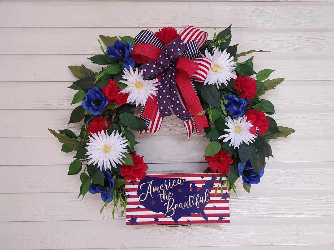America the Beautiful Patriotic Grapevine Wreath With Wooden Sign, Red ...