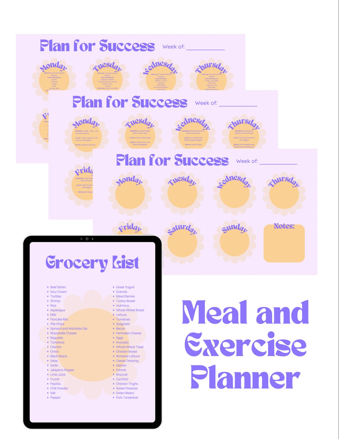 Meal Plan Template With Exercise Plan and Grocery List, Weekly Planner ...
