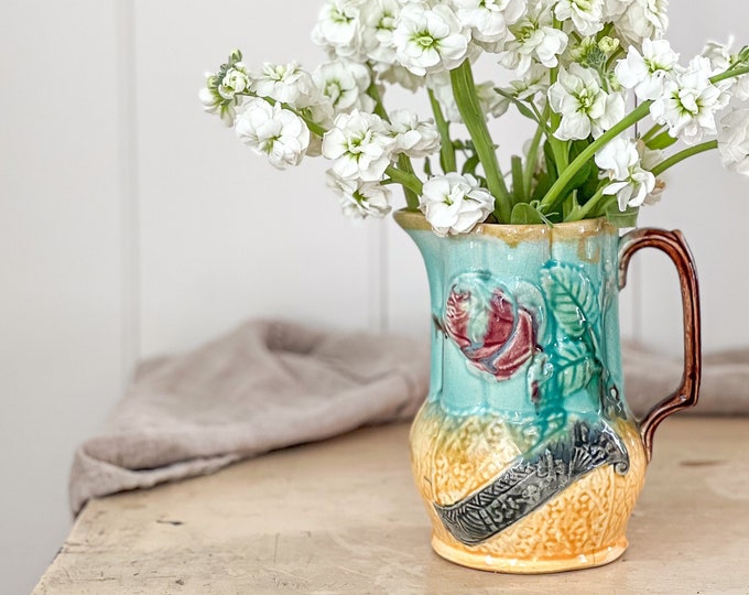 Majolica Rose Pitcher | Vintage Majolica Flower Pitcher | Flower Vase ...