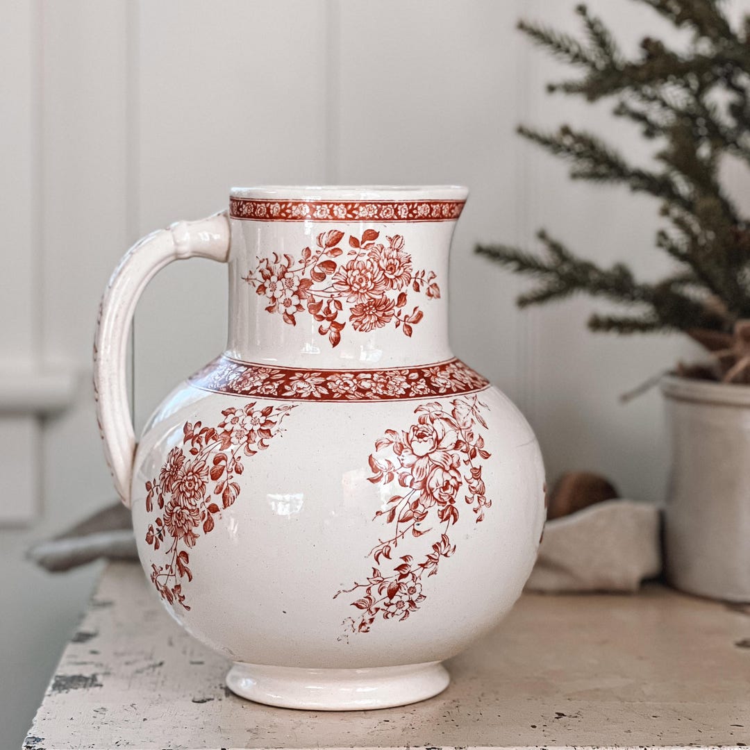 French Red Transferware Ironstone Water Pitcher Antique Ironstone ...