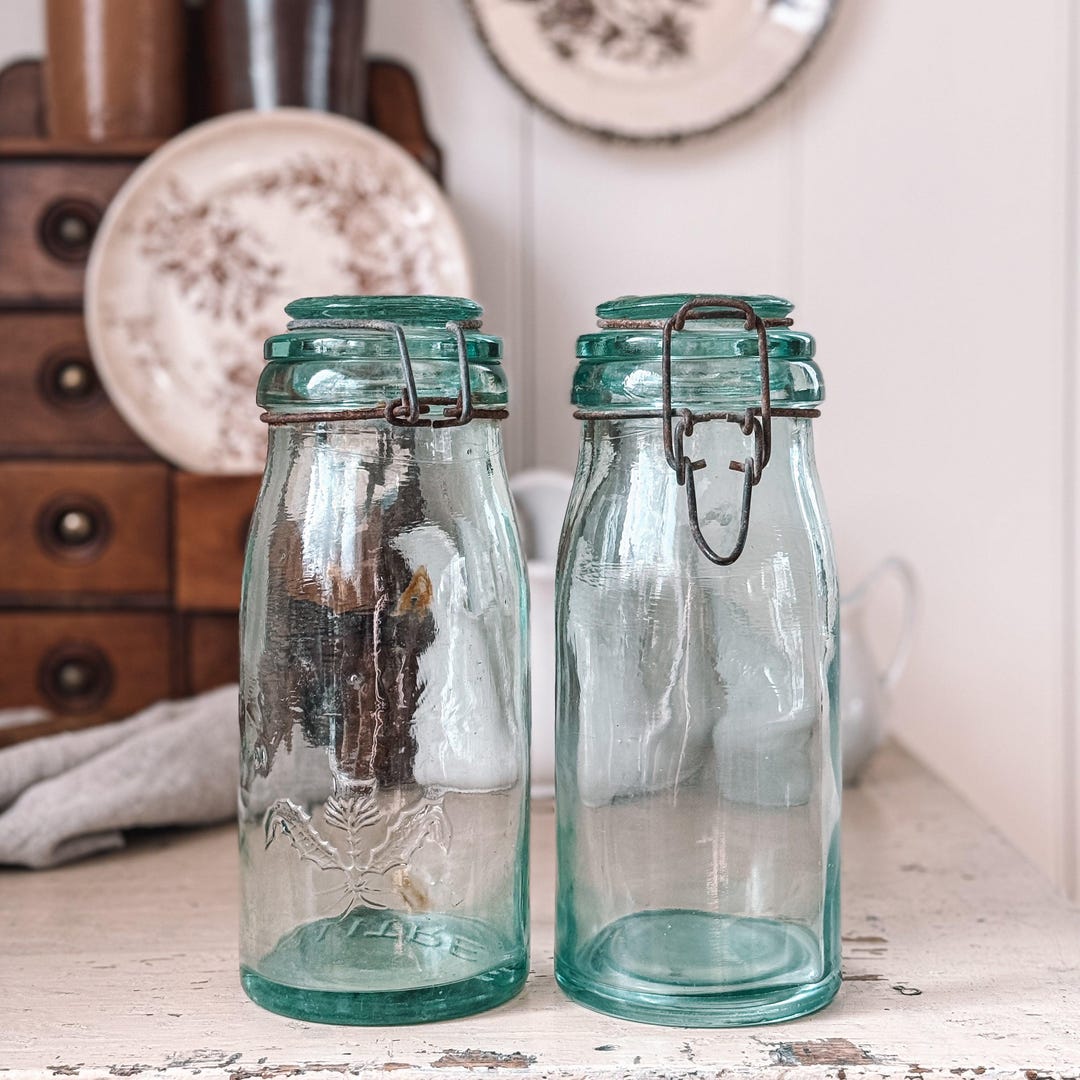 Antique French Aqua Glass Jar | La Lorraine Wire Bail Closure - Etsy