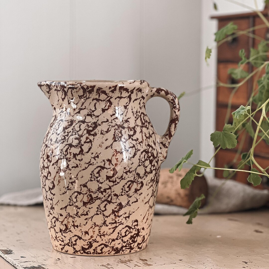 Brown Spongeware Stoneware Pitcher | Spongeware Water Jug | Flower Vase ...
