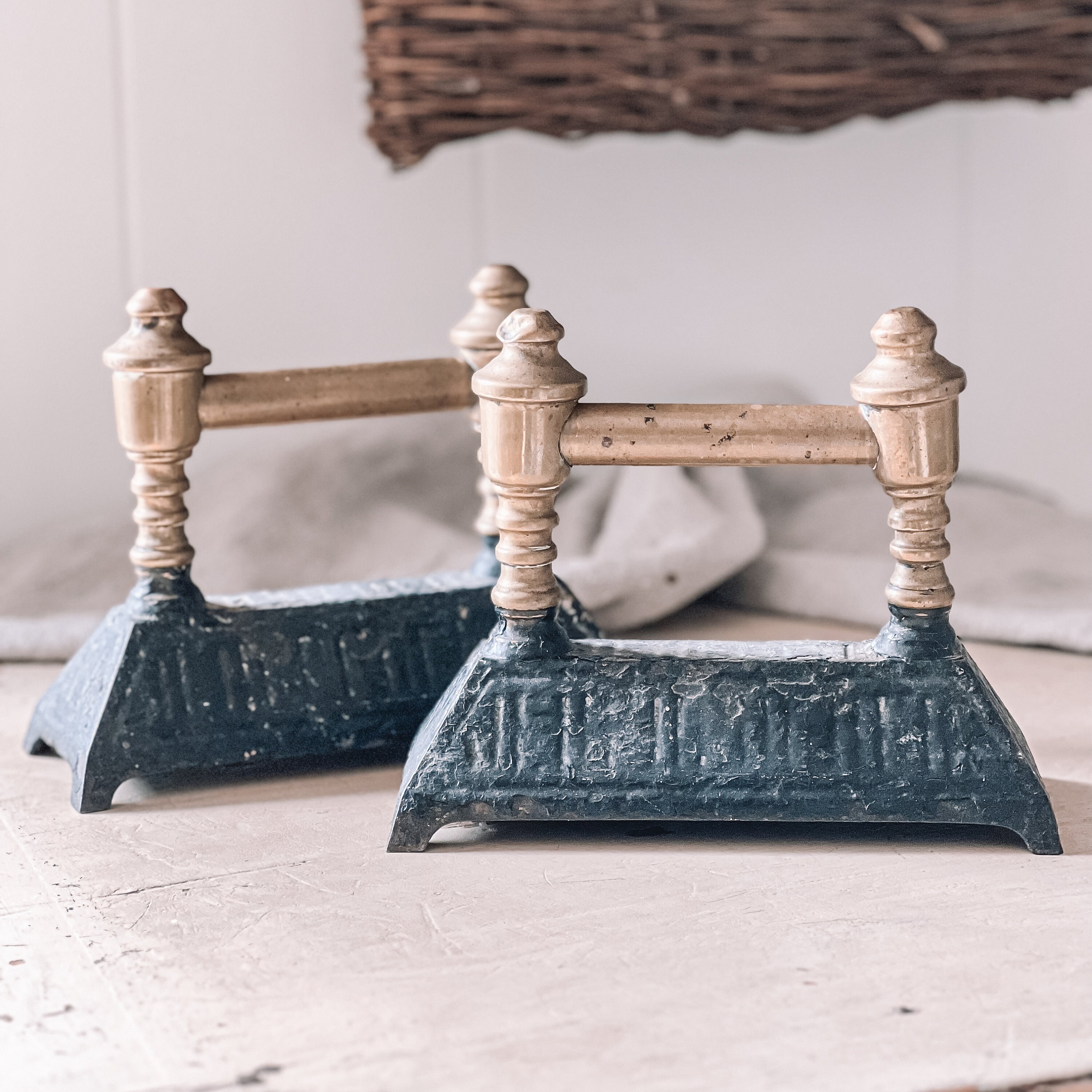 Antique Brass and Cast Iron Fireplace Tool Rests, Set of 2, Door Stops ...