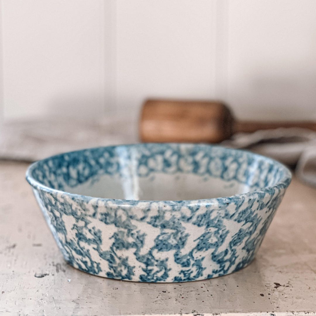 Blue Spongeware Bowl | Antique Blue Spongeware Stoneware Bowl | Tapered ...