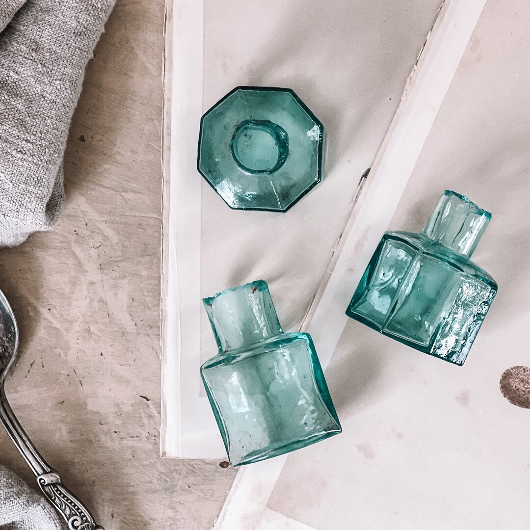 Collection of 3 Antique Aqua English Ink Wells C Victorian Era England ...