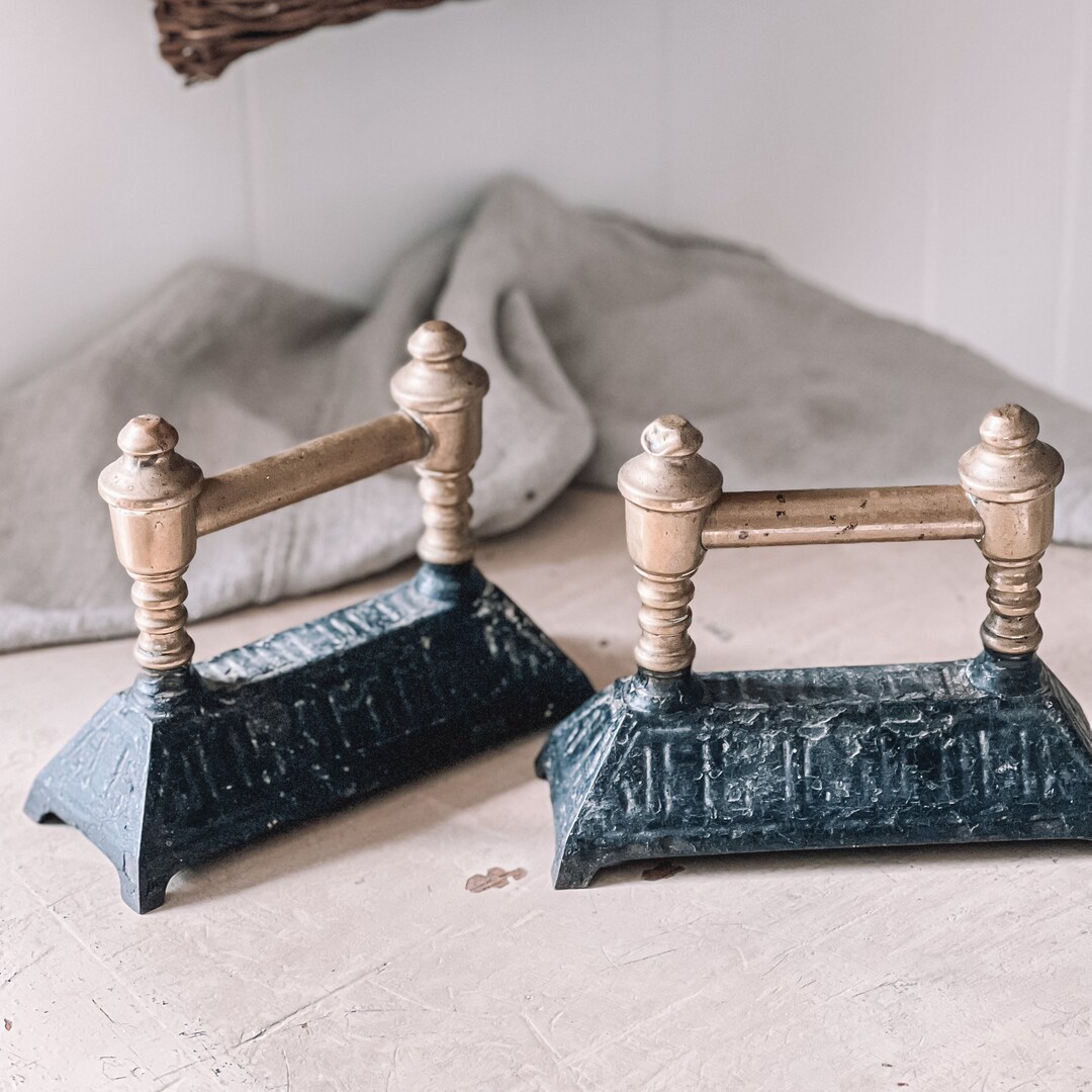 Antique Brass and Cast Iron Fireplace Tool Rests, Set of 2, Door Stops ...