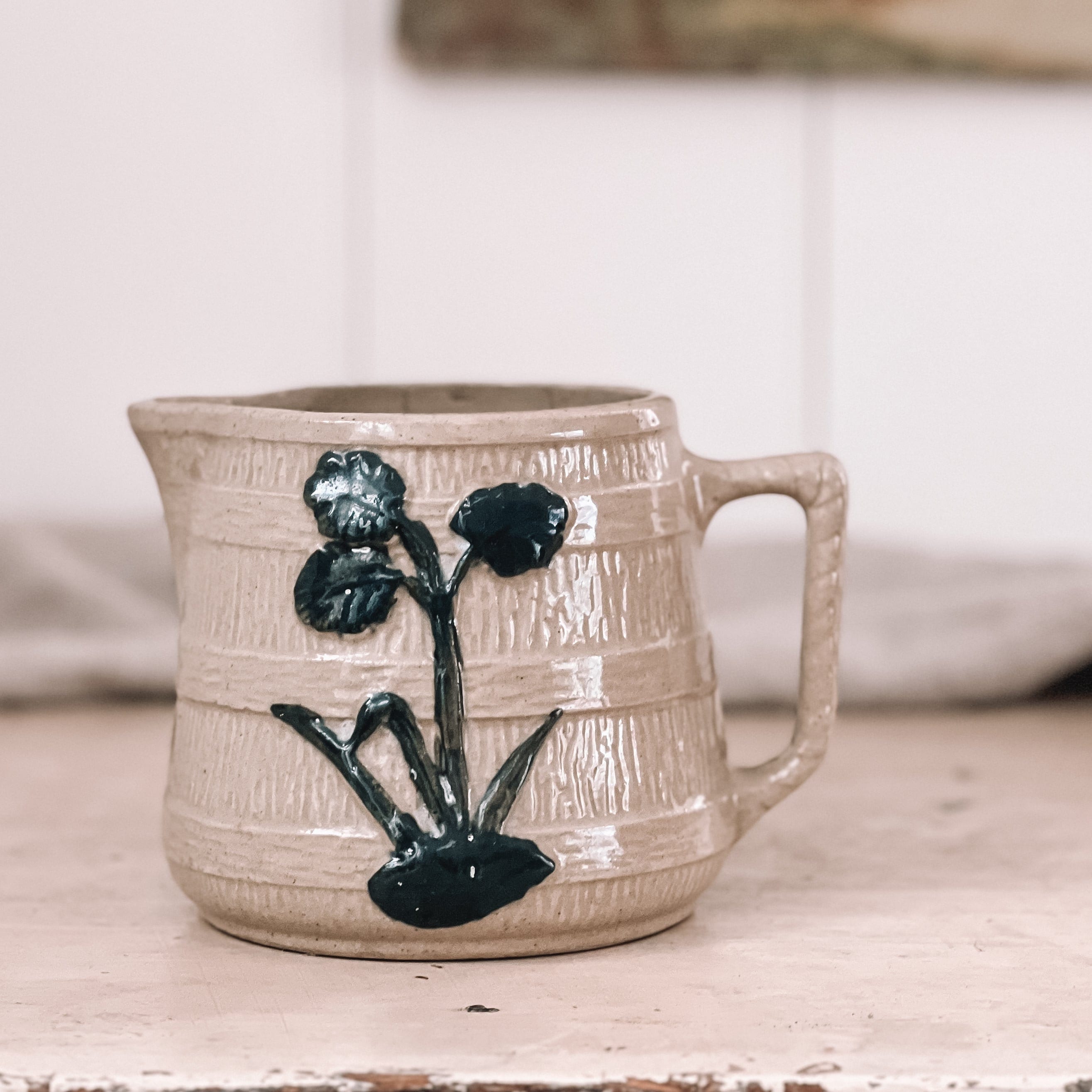 Vintage Stoneware Pitcher Floral Stoneware Barrel Pitcher Flower Vase ...