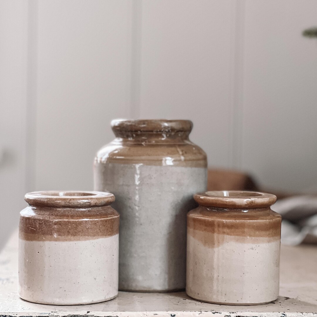 Set of 3, Antique English Two Tone Stoneware Crock and Petite Jars ...