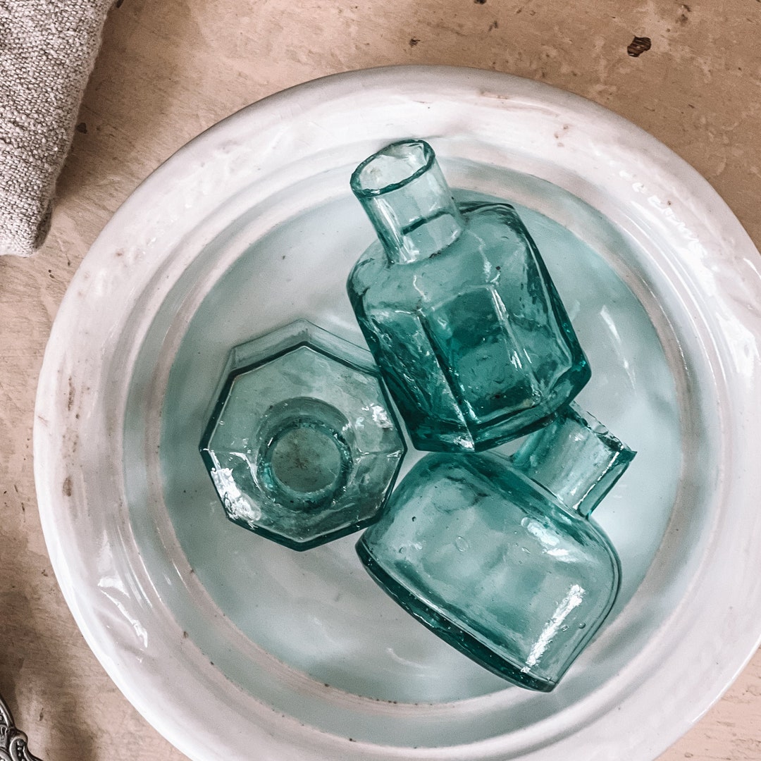 Collection of 3 Ink Wells, Antique Aqua Glass English Ink Wells ...