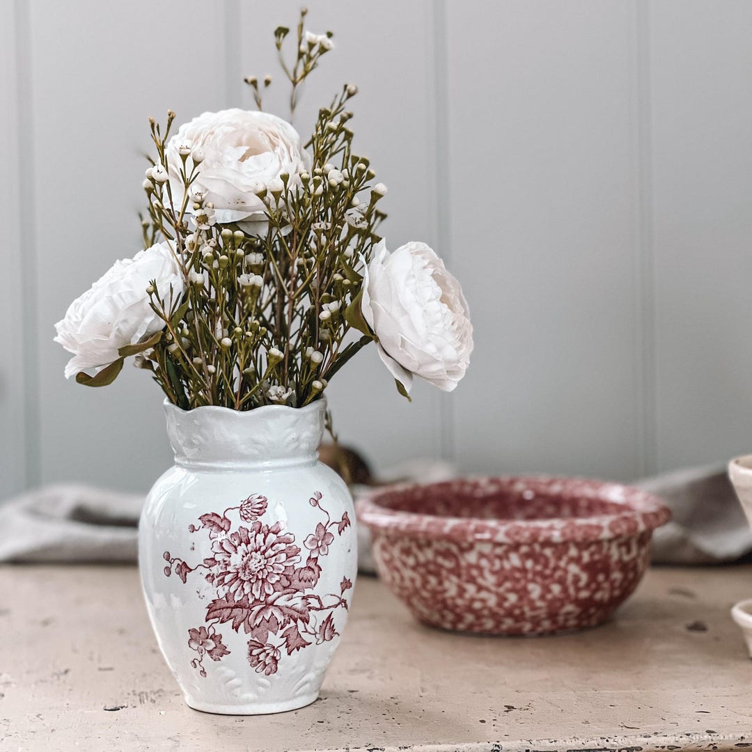 Red Transferware Ironstone Vase | Antique English Ironstone Floral ...
