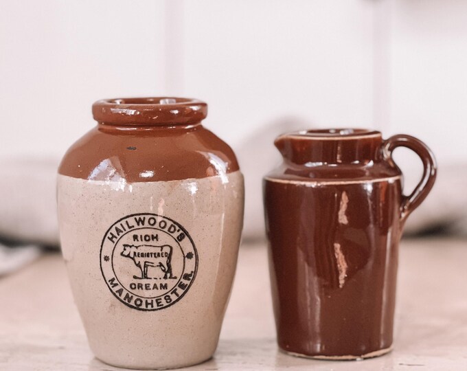 Antique English Stoneware Cream Pot and Creamer Jar | Brown Glazed ...