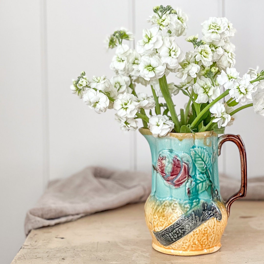Majolica Rose Pitcher Vintage Majolica Flower Pitcher Flower Vase ...